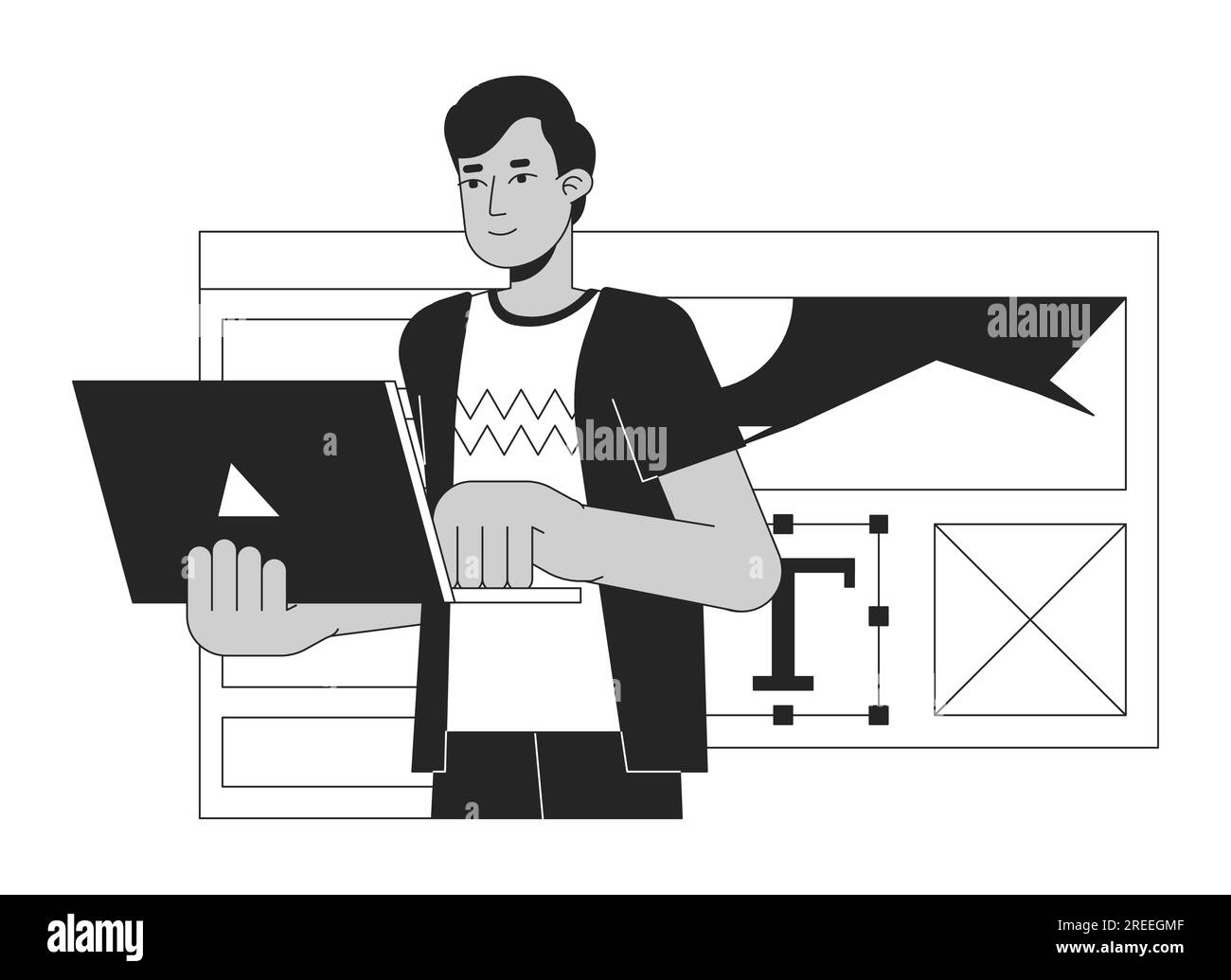 Indian man working on laptop bw concept vector spot illustration Stock ...