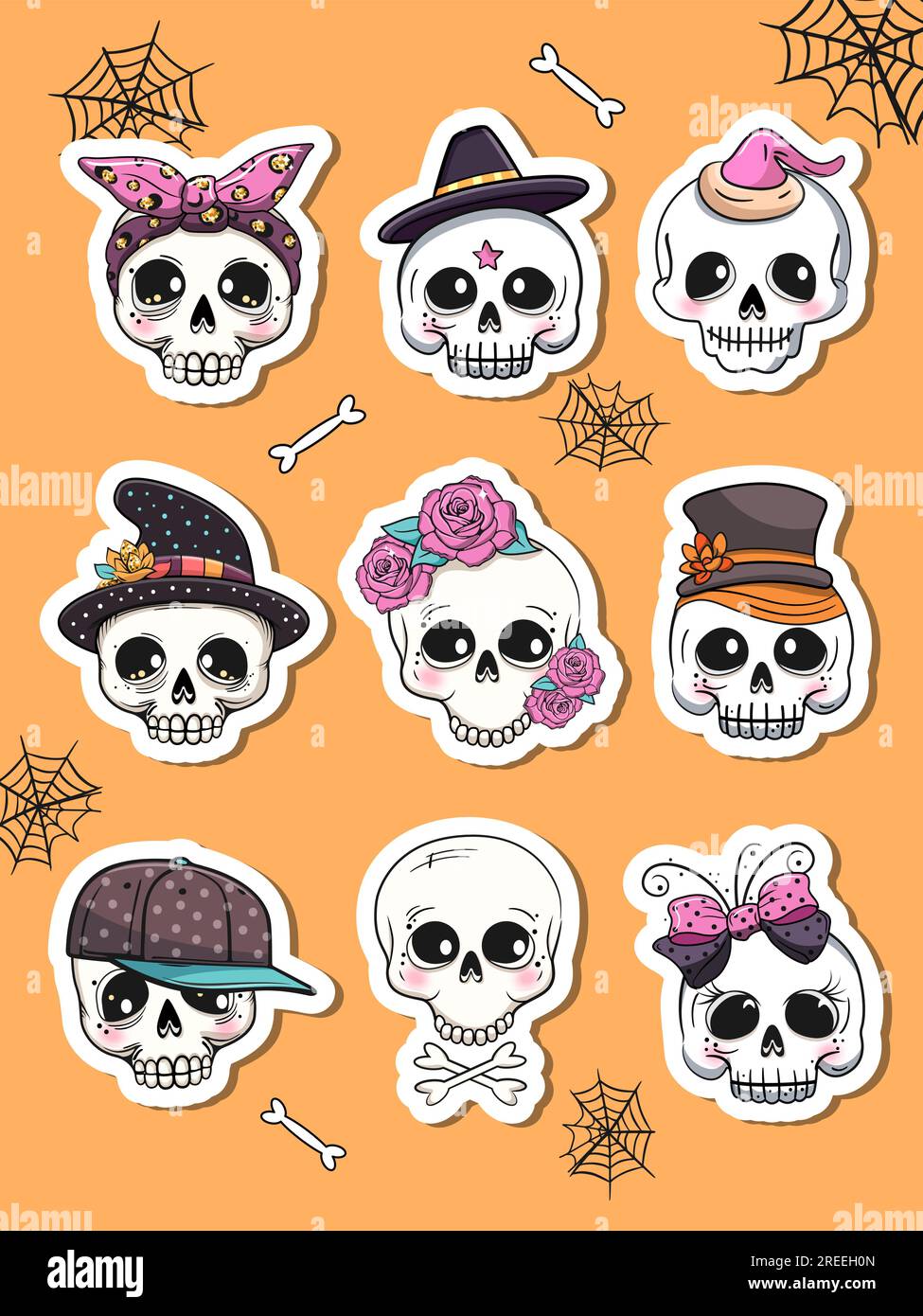 Cute cartoon skulls sticker pack. Halloween party. Vector illustration ...