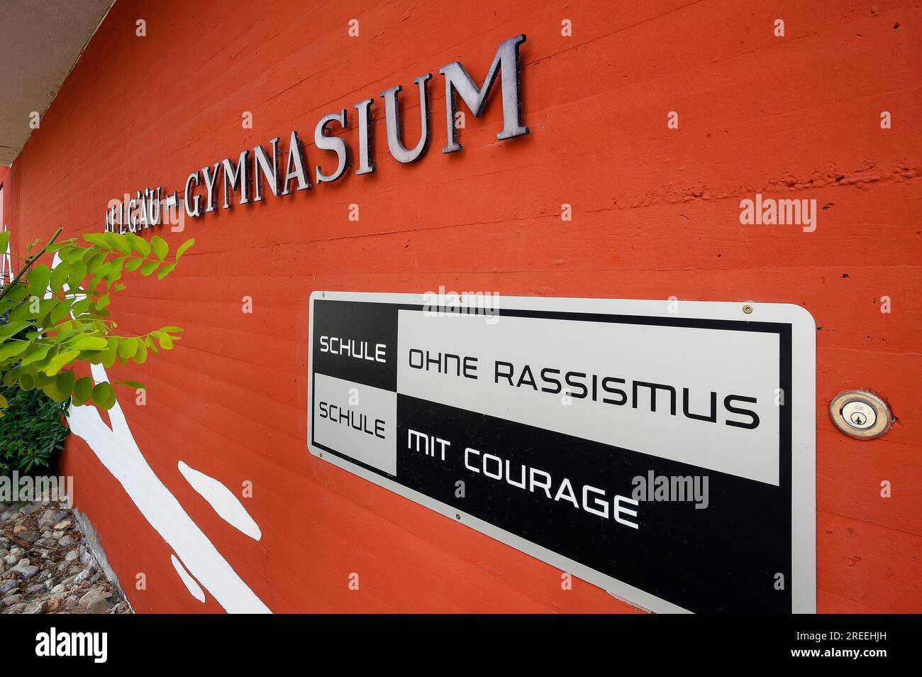 The Allgaeu-Gymnasium completed in 1969, lettering and info sign ...