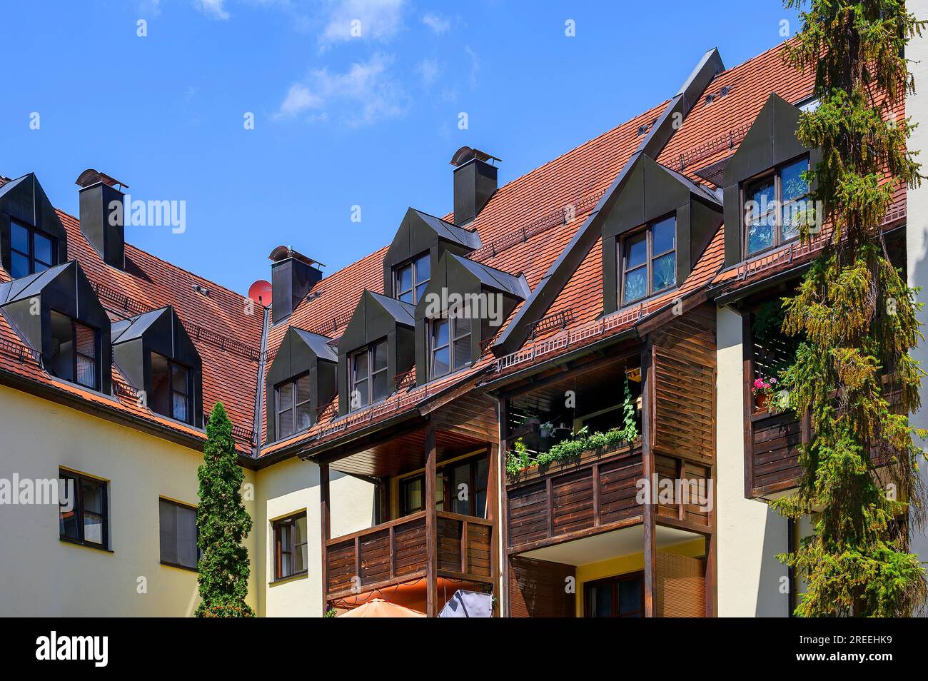 Building with wooden balconies and dormer windows, Kempten, Allgaeu ...