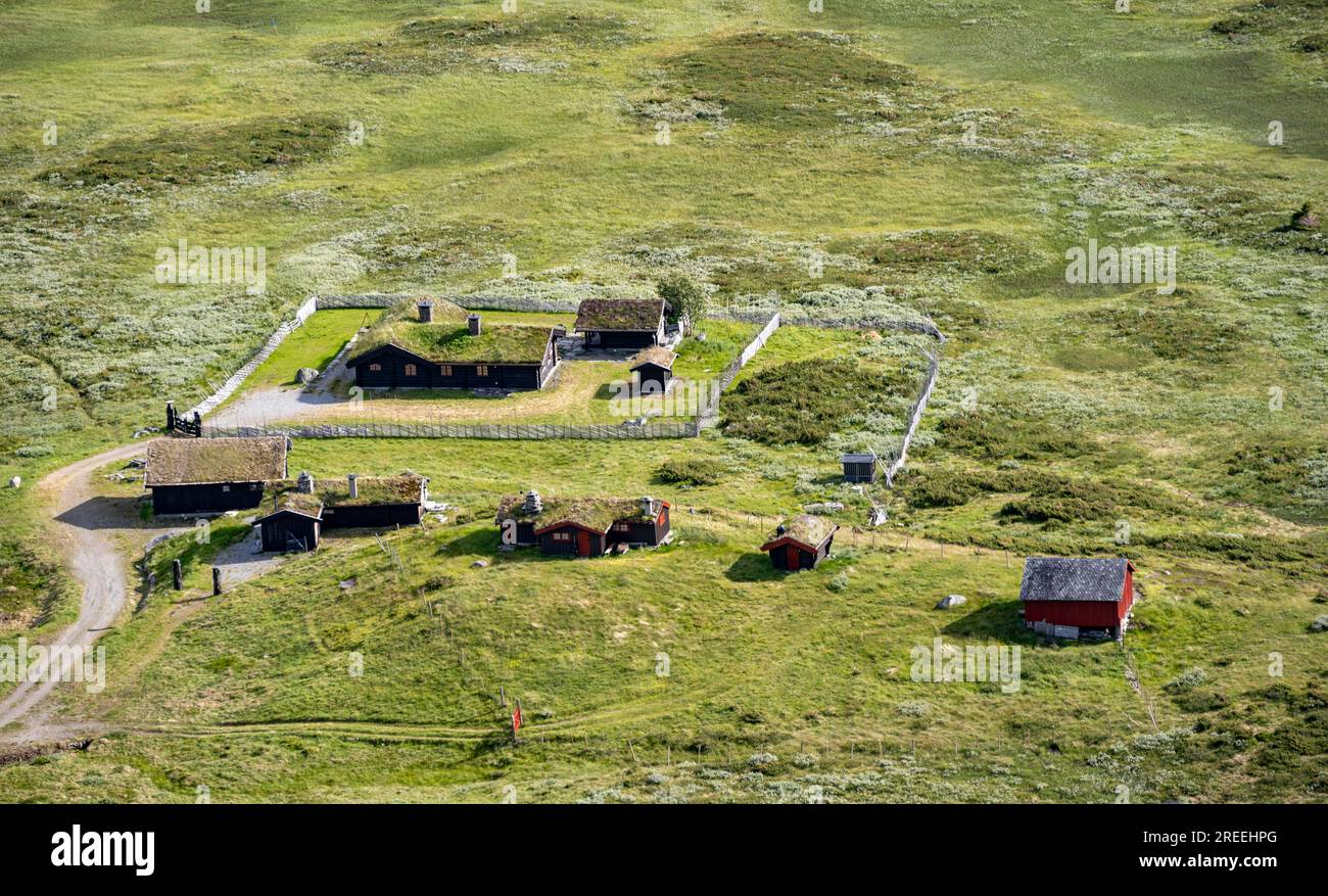 Houses with grass roofs, tundra landscape, Fjell, Oystre Slidre ...