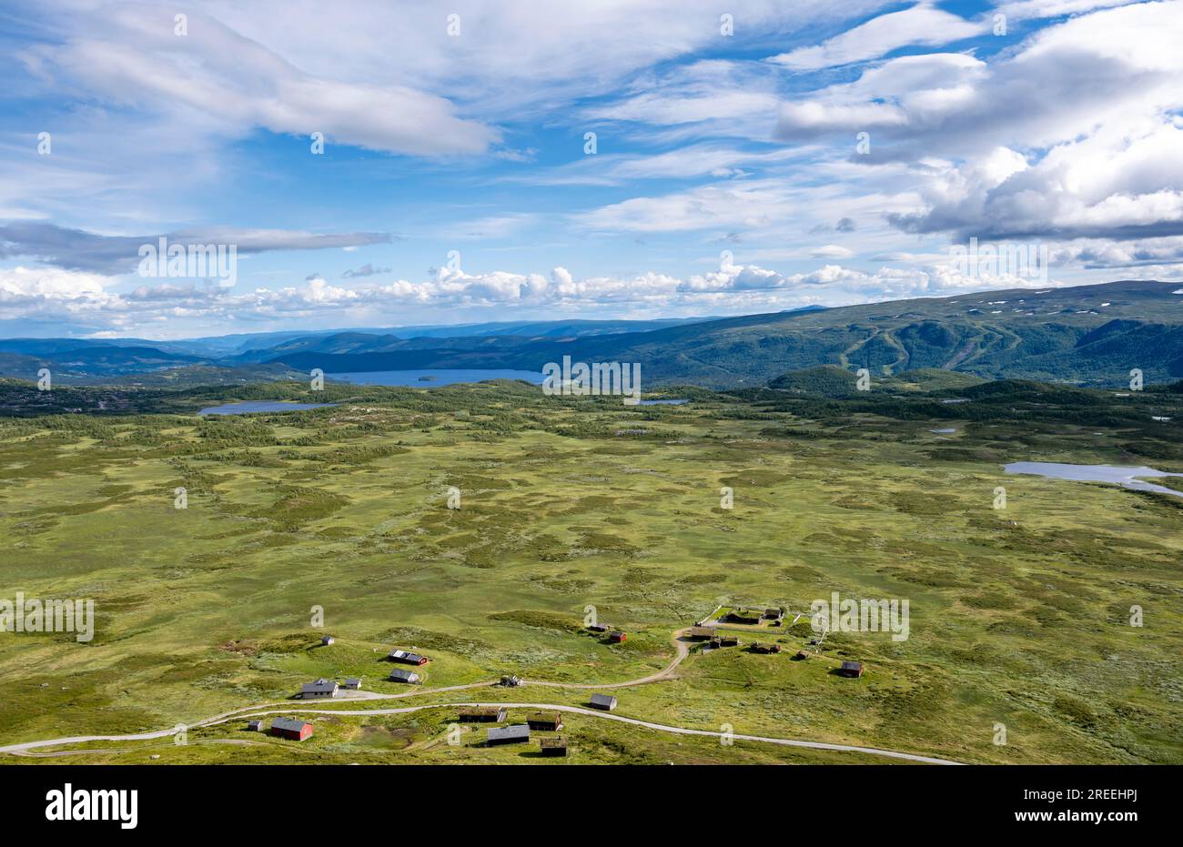 Houses with grass roofs, tundra landscape with lakes, Fjell, Oystre ...
