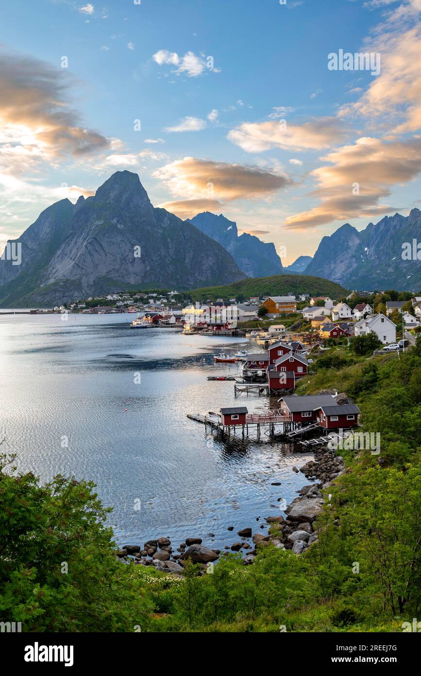 Village view of the fishing village Reine, traditional red Rorbuer ...