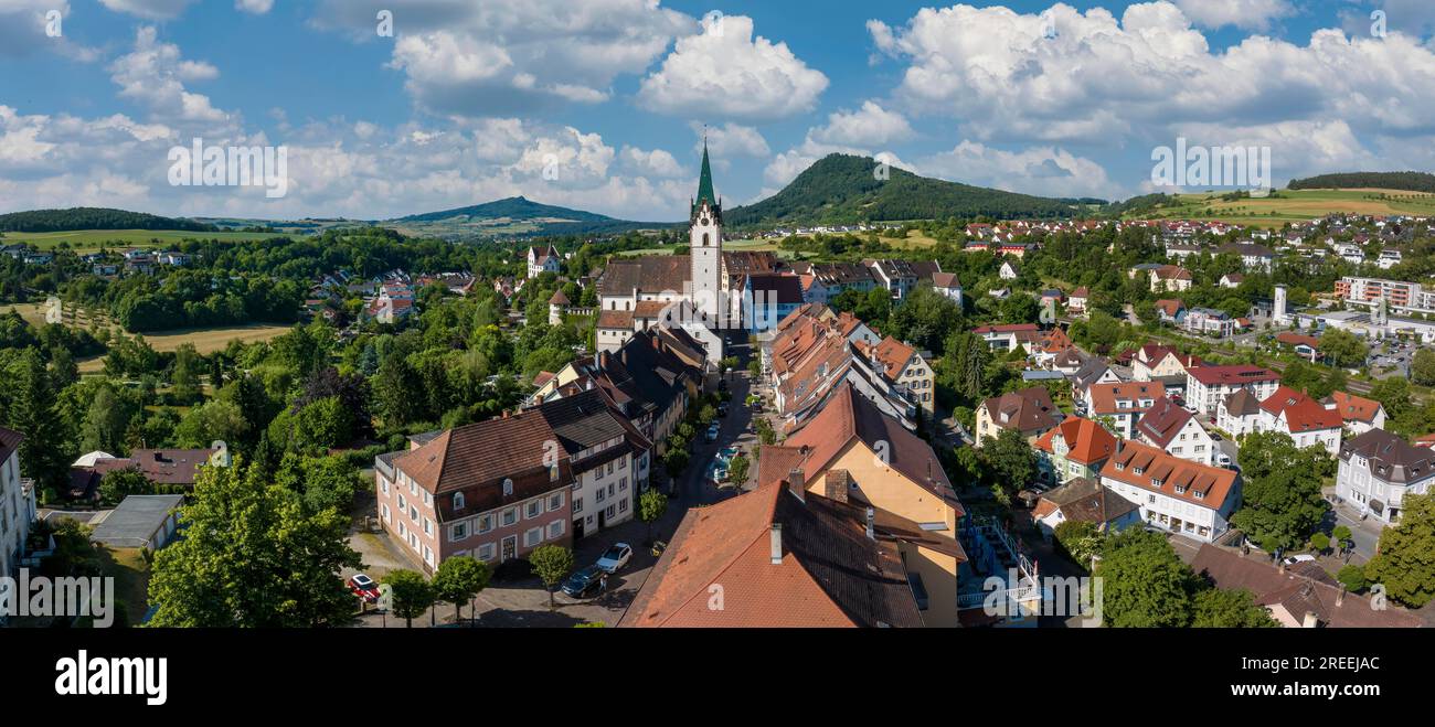 Aerial panorama of the old town of Engen, on the horizon the Hegauberge ...