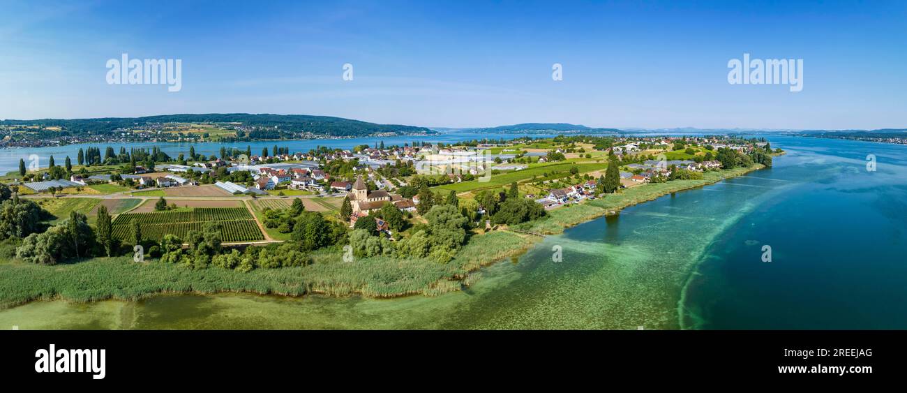 Aerial panorama of Reichenau Island with St. George's Church, Oberzell ...