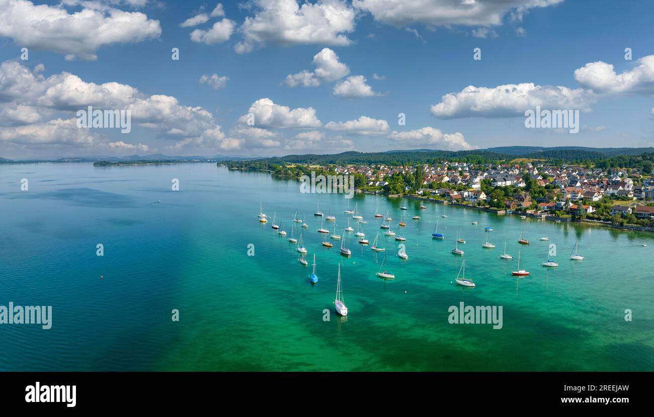 Aerial panorama of Lake Constance and the village of Allensbach ...