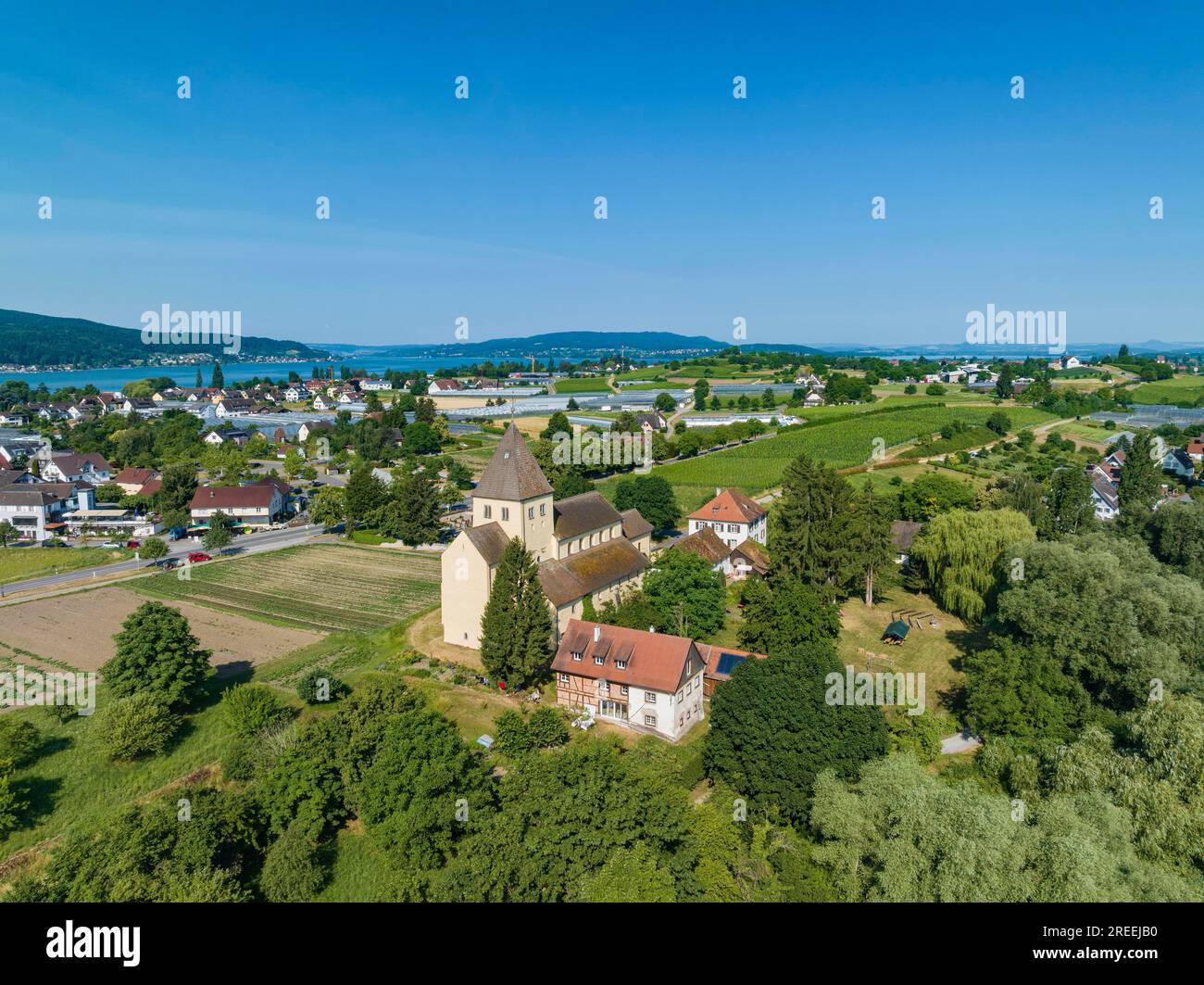 Aerial view of Reichenau Island with St. George's Church, Oberzell ...