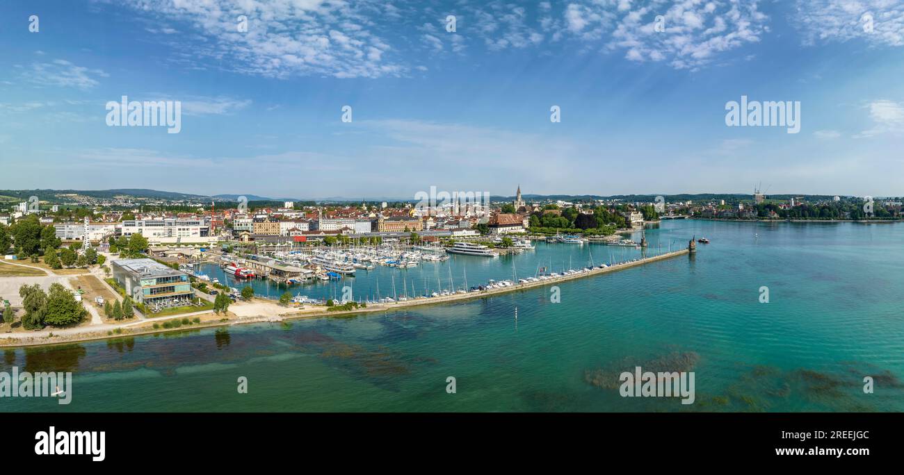 Aerial panorama of the city of Constance and the Lake Constance harbour ...