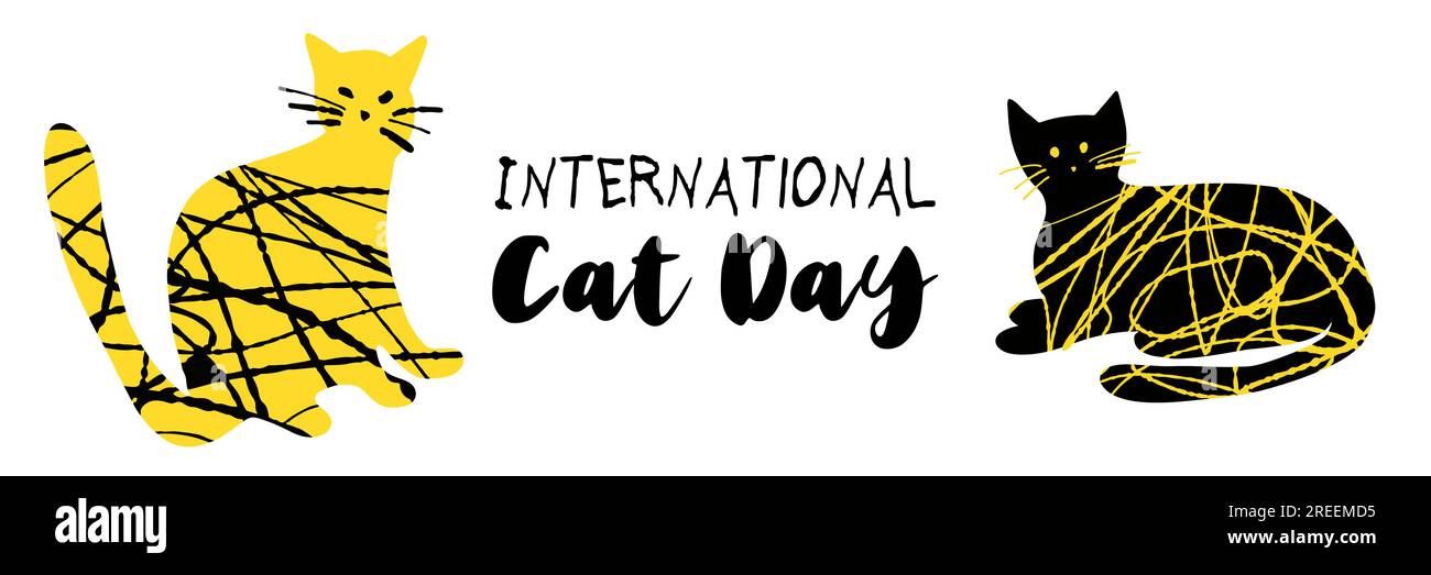 International Cat Day illustration with textured cute cats in black ...