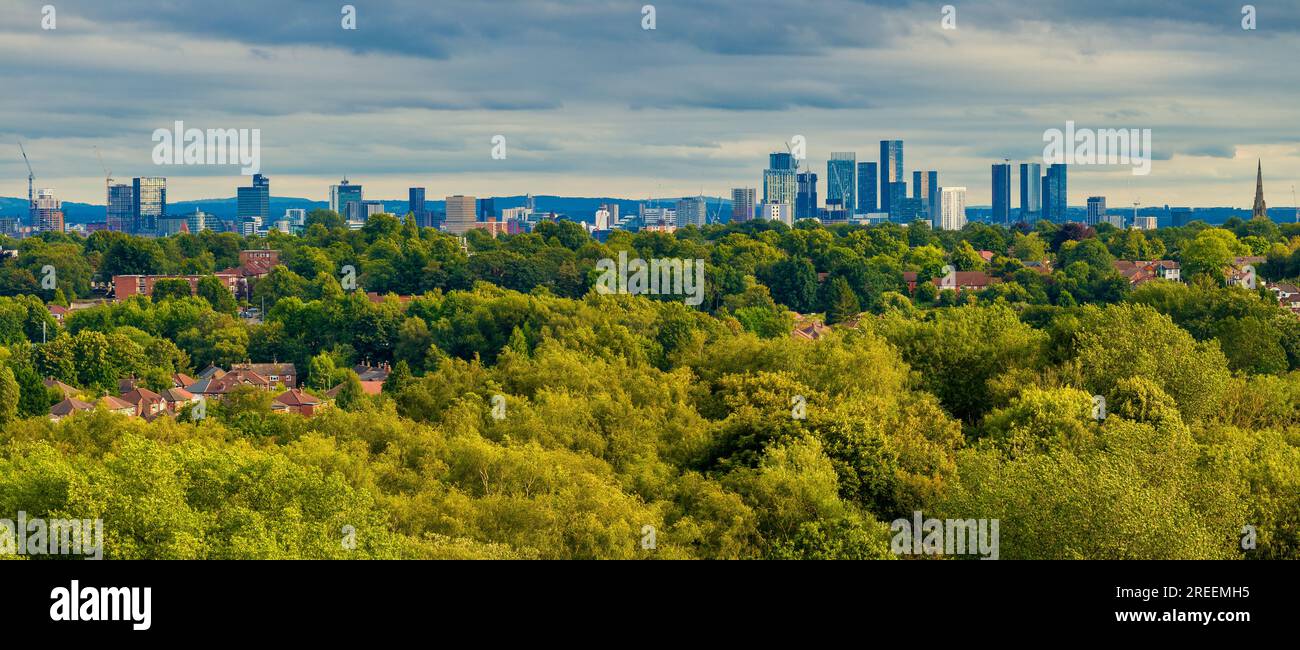 Manchester's amazing skyline as seen from Heaton Park. Aerial Panoramic ...