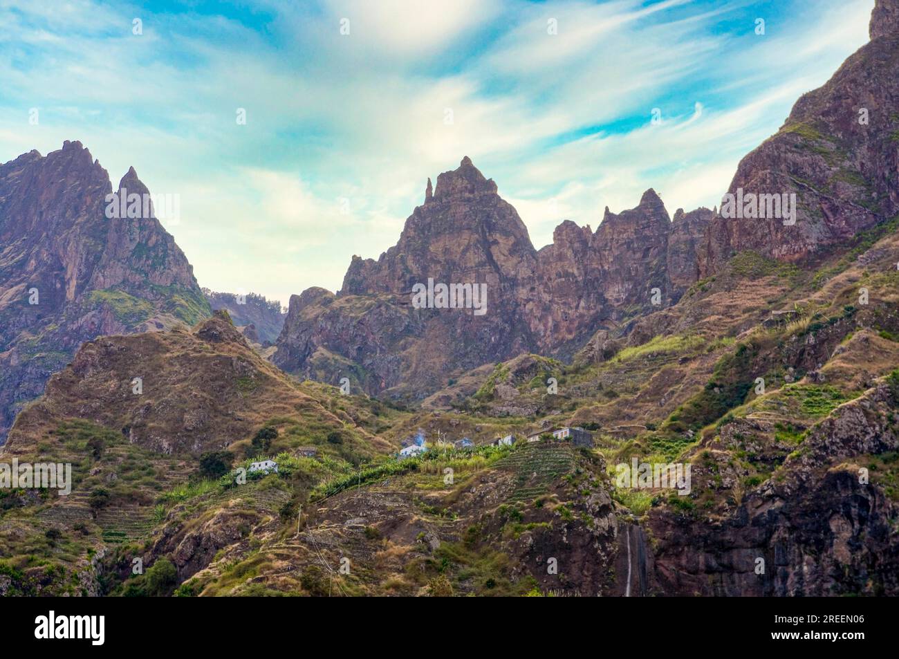 Mountain landscape with terrasses and little houses. San Antao. Cabo ...