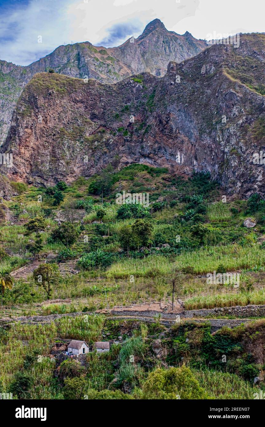 Mountain landscape with terrasses and little houses. San Antao. Cabo ...