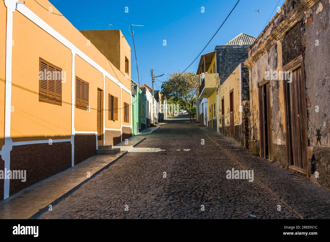 Picturesque old town with colonial buildings. San Felipe. Vulcano Fogo ...