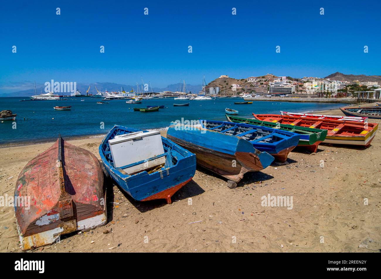 Row boats at coast. San Vincente. Mindelo. Cabo Verde. Africa Stock ...