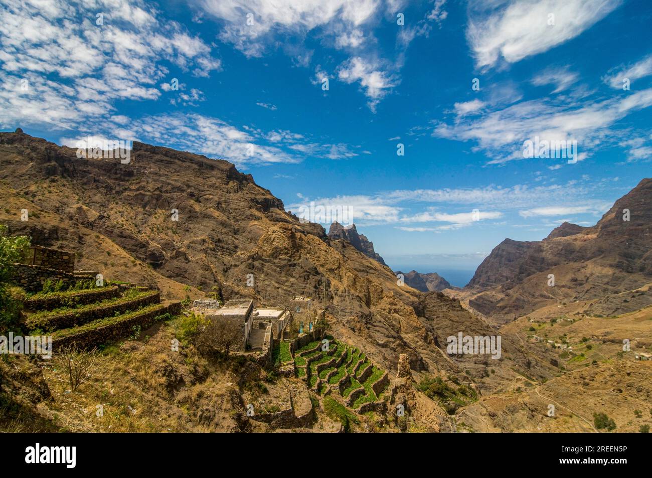 Mountain landscape of island San Antao with agriculture terrasses. Cabo ...