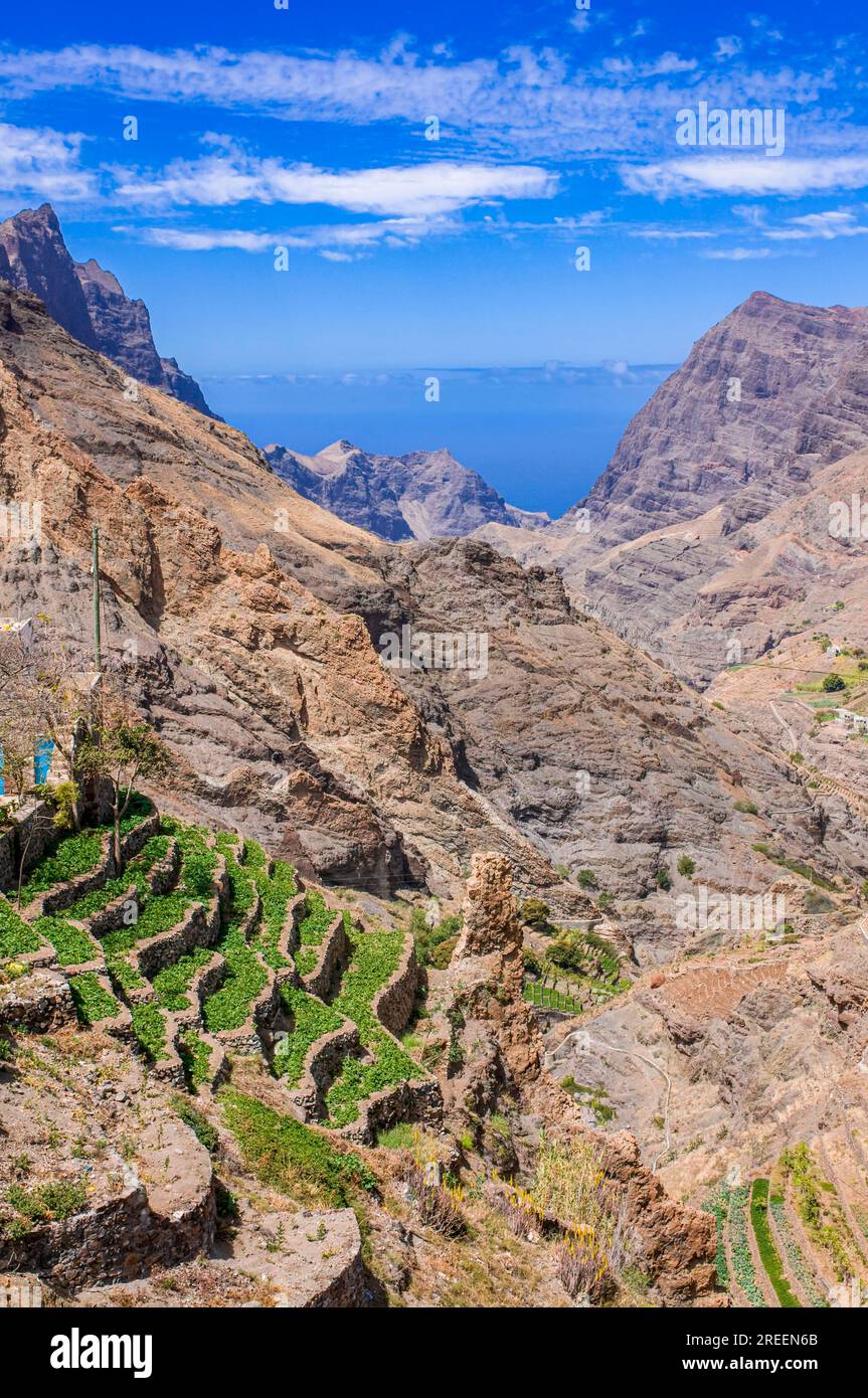 Mountain landscape of island San Antao with agriculture terrasses. Cabo ...