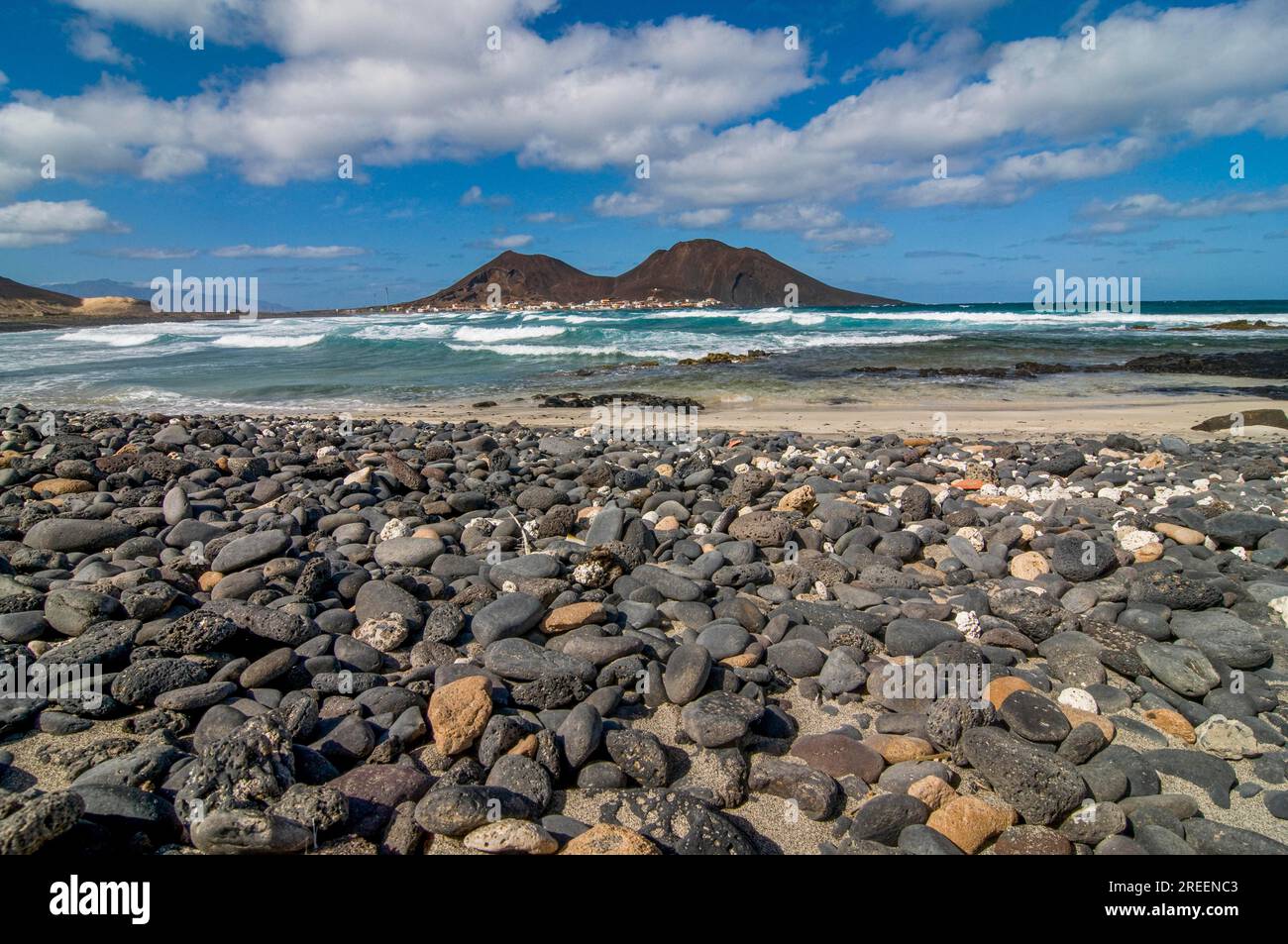 Vulcanic cone and beach with pebbles. San Vincente. Cabo Verde. Africa ...