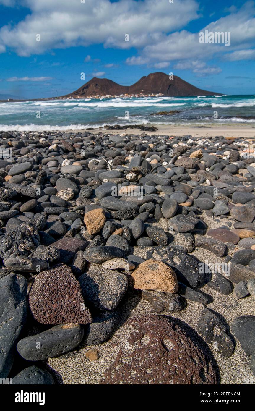 Vulcanic cone and beach with pebbles. San Vincente. Cabo Verde. Africa ...