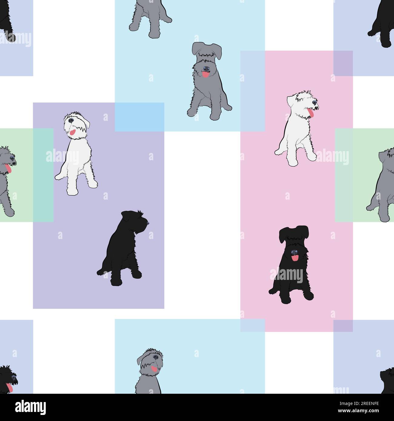 Cartoon shaggy dogs and colored rectangles on white background ...