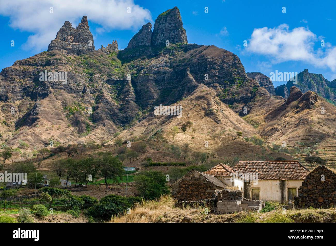 Rocklandscape with sporadic buildings. Santiago. Cabo Verde. Africa ...