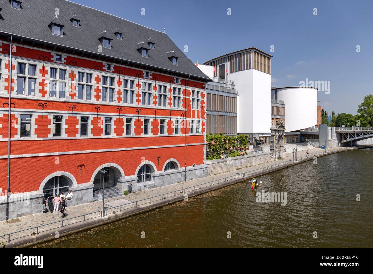 Office du tourisme de Namur in old red building, on the river Sambre ...