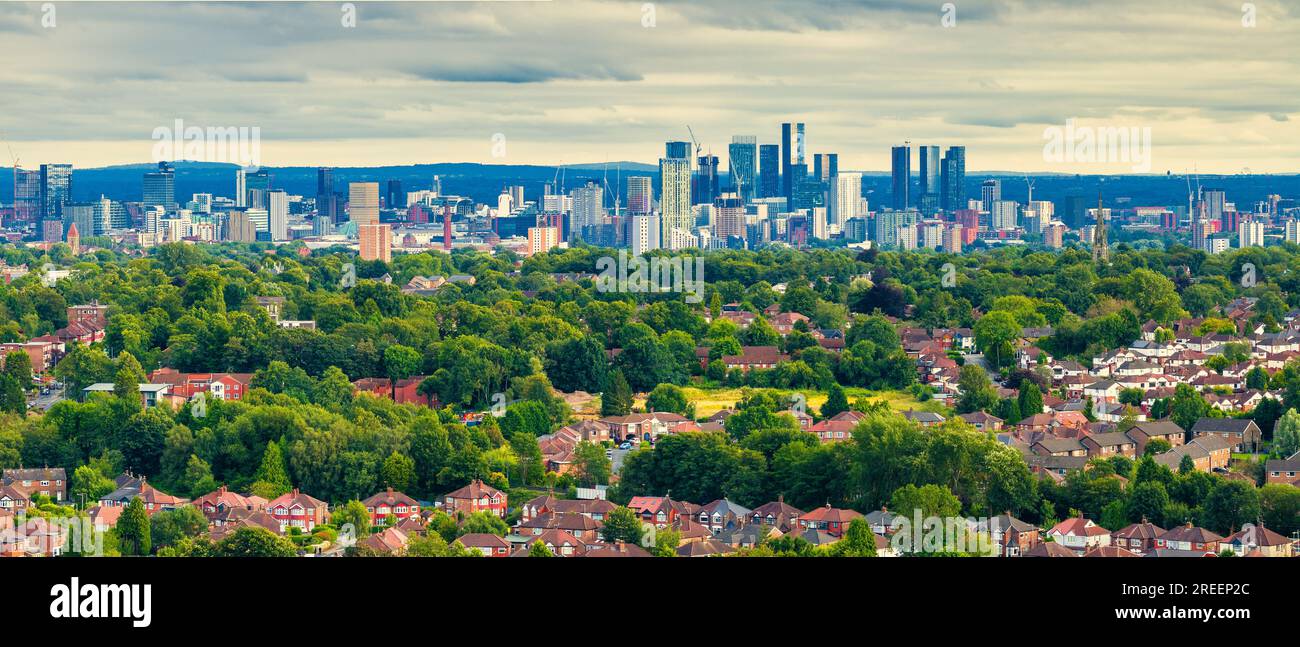 Manchester's amazing skyline as seen from Heaton Park. Aerial Panoramic ...