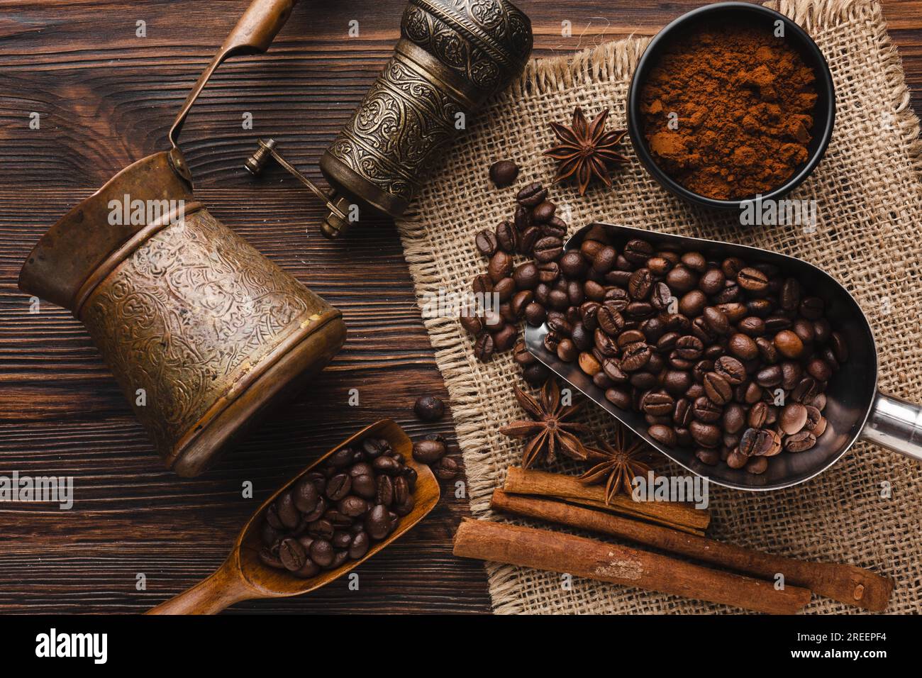 Top view coffee accessories table. Resolution and high quality ...