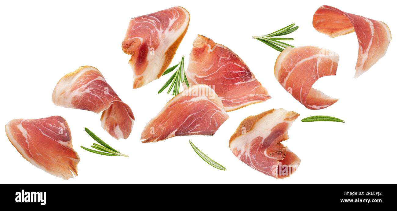 Falling bacon strips isolated on white background Stock Photo - Alamy