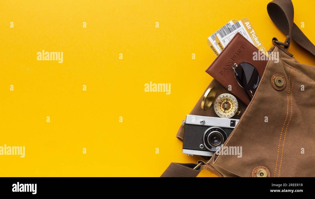 Top view tourist items bag. Resolution and high quality beautiful photo ...
