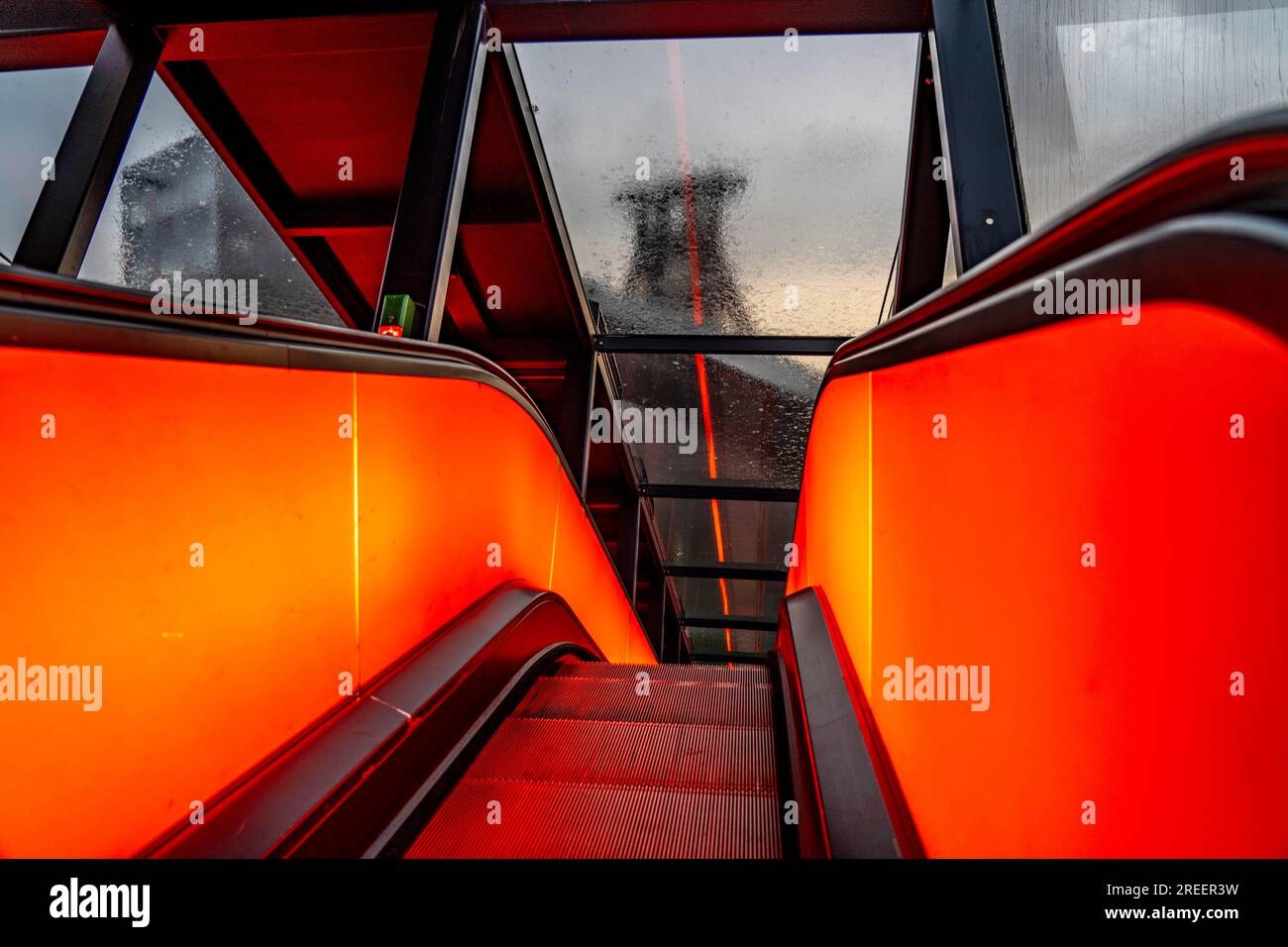 Zollverein colliery, rainy day, riding the escalator of the Ruhr Museum ...