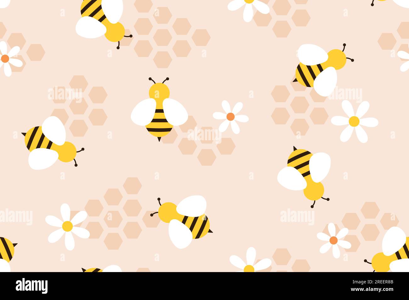 seamless bee pattern with bees, honeycomb and daisy flowers- vector ...