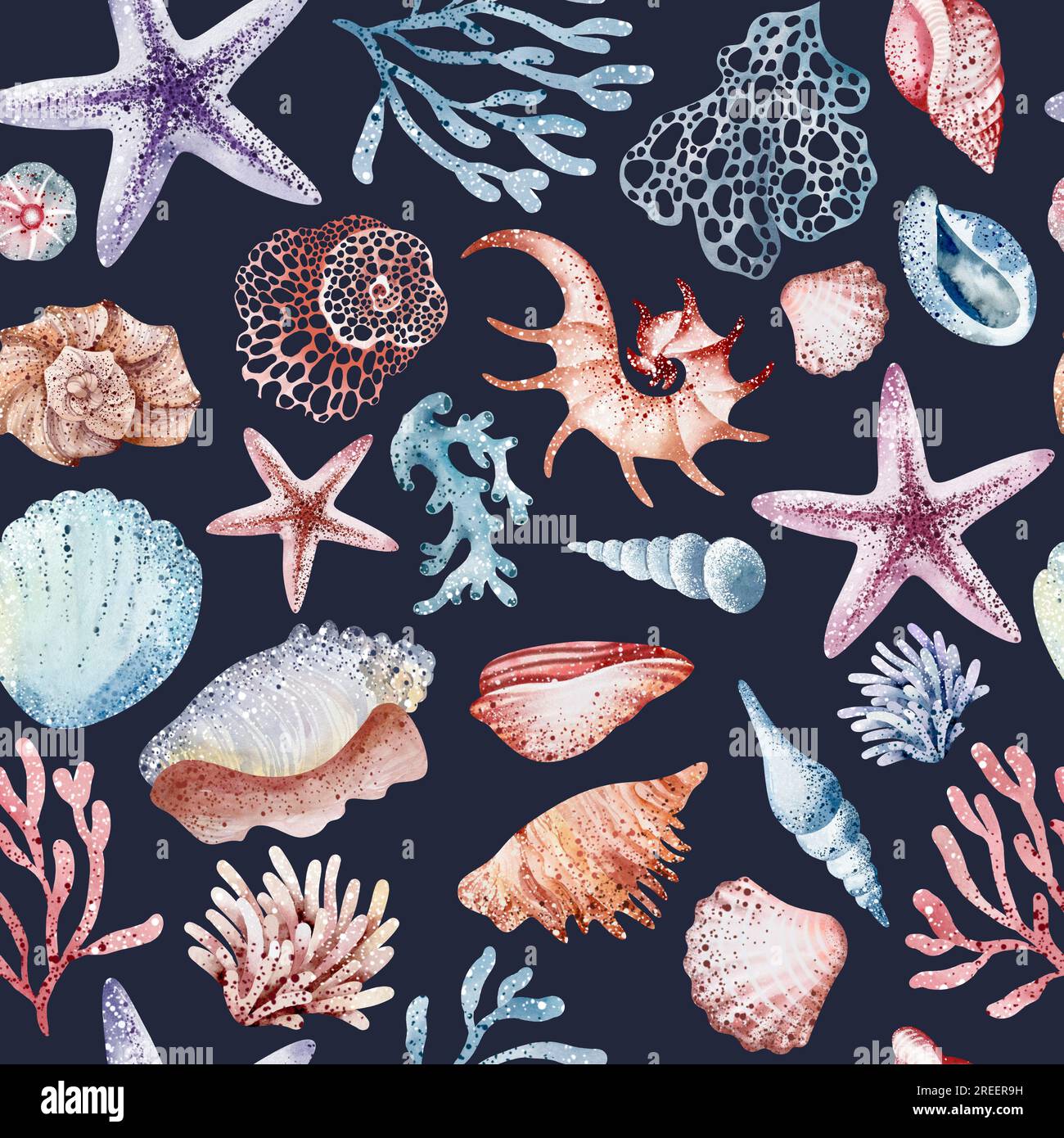 Marine seamless pattern marine animals, corals, plants, seashell ...
