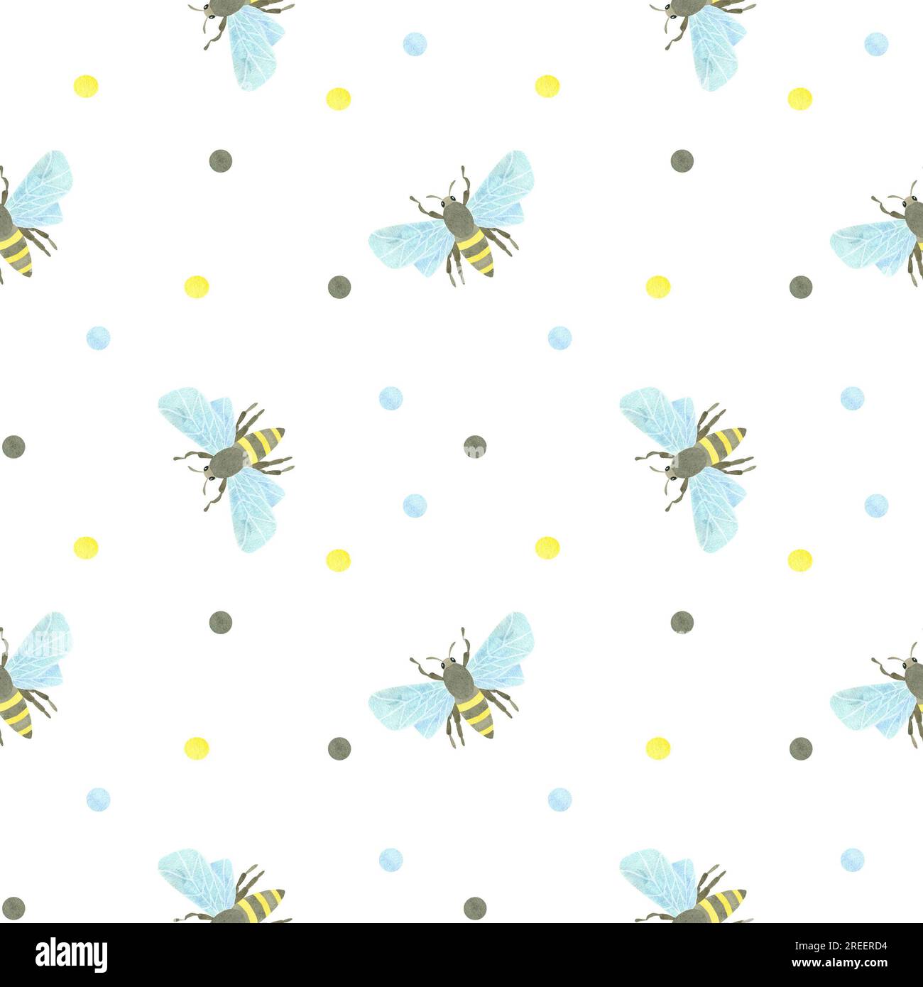 Seamless pattern with honey bees and multicolored watercolor spots on a ...