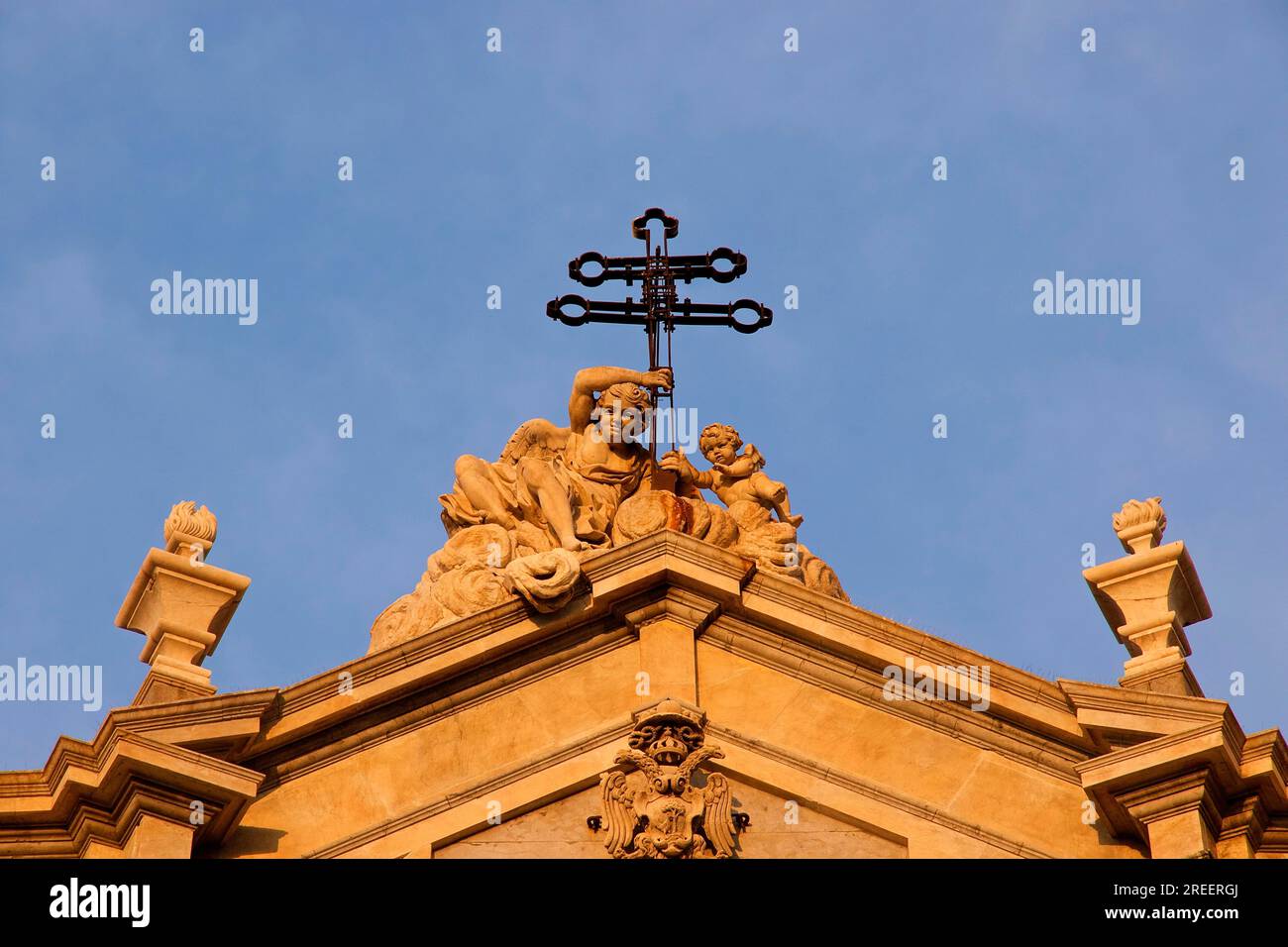 Gable, Figures, Angels, Evening light, Cross, Cathedral, Catania, Old ...