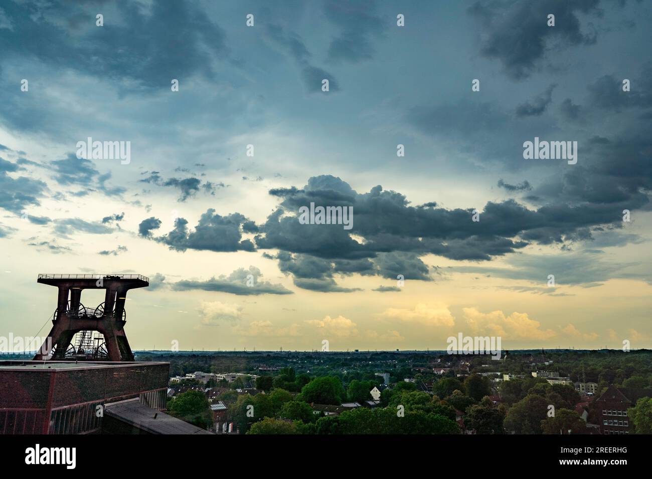 Zollverein colliery, rainy day, view of the double trestle winding ...