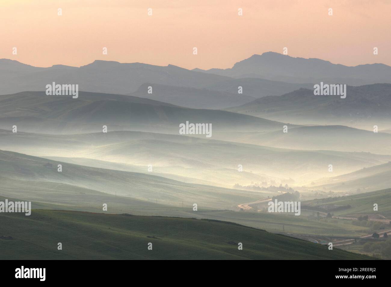 Dawn, early morning fog, fog in the valley, hill ranges, green meadows ...