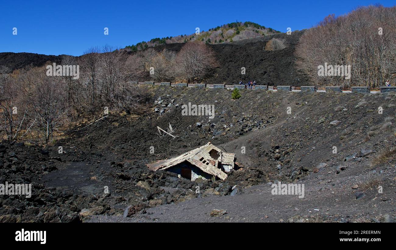 Lava field, destroyed hut, Etna, volcano, Eastern Sicily, Sicily, Italy ...
