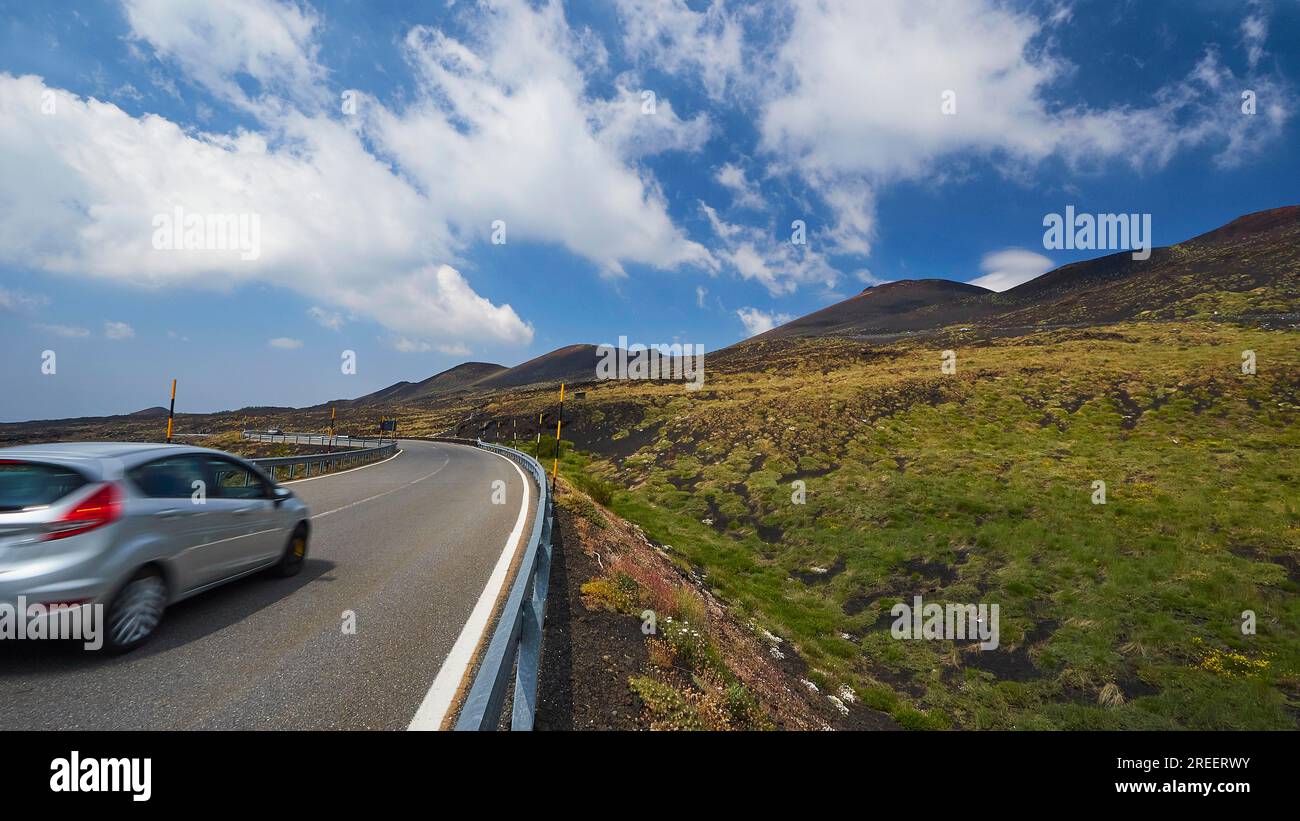 Road, curve, car, Etna summit, green mountain slopes, Etna, volcano ...