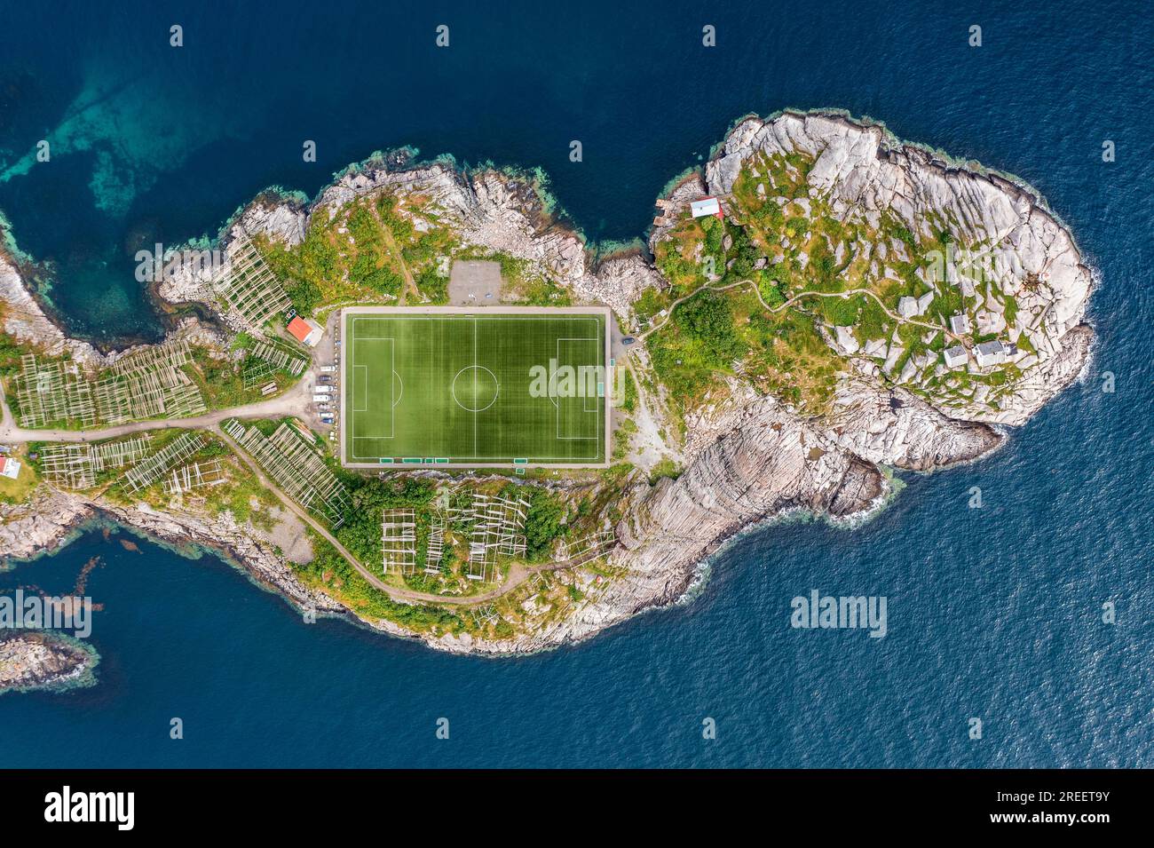 Aerial view, island with football pitch, Henningsvaer, Vestvagoy ...