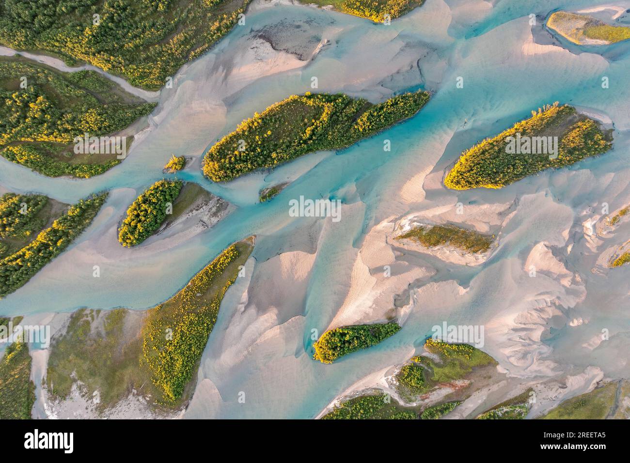 Aerial view, river delta with islands, river Glomaga, Mo i Rana, Norway ...