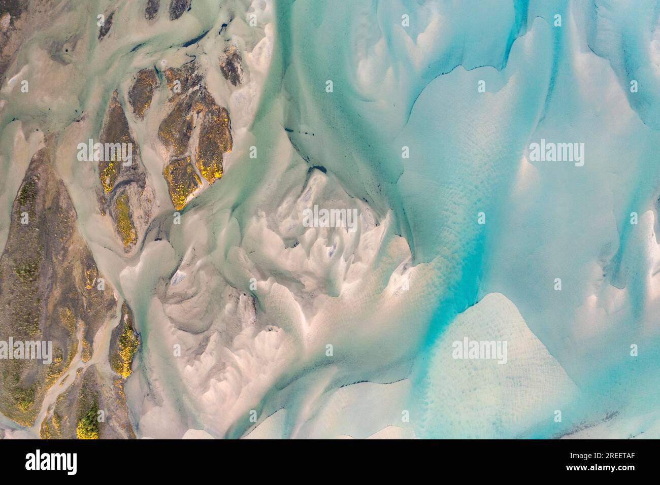 Aerial view, river delta with islands, river Glomaga, Mo i Rana, Norway ...