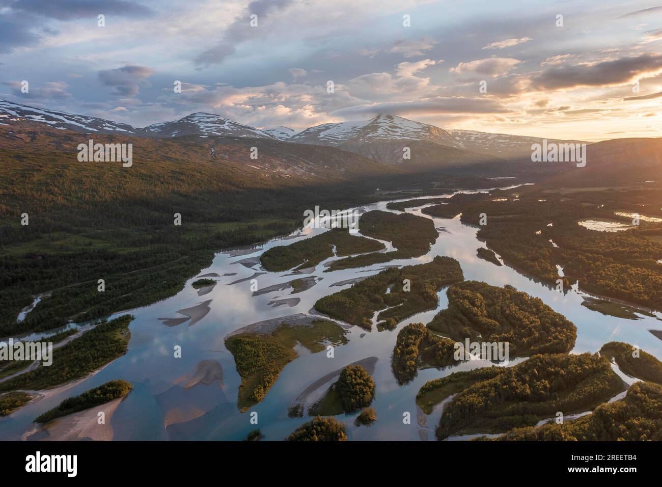 Aerial view, river delta with islands and mountains, river Glomaga, Mo i Rana, Norway Stock ...