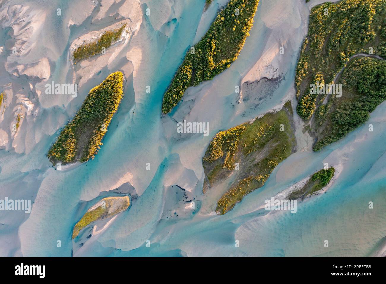 Aerial view, river delta with islands, river Glomaga, Mo i Rana, Norway ...