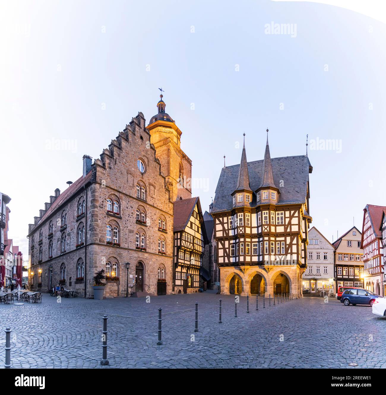 Town view Alsfeld, market place with wine house, town hall, tower of ...