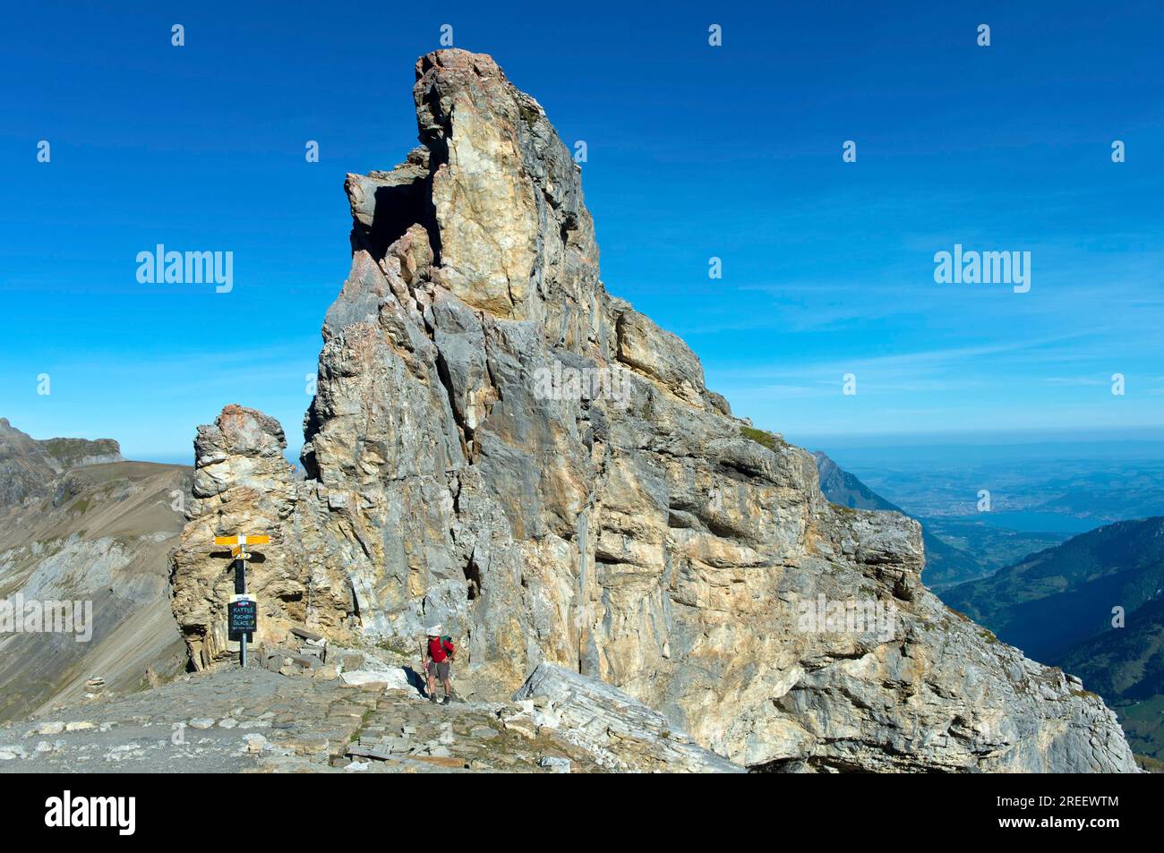 Hikers on the Hohtuerli mountain pass near the Blueemlisalphuette, pass ...
