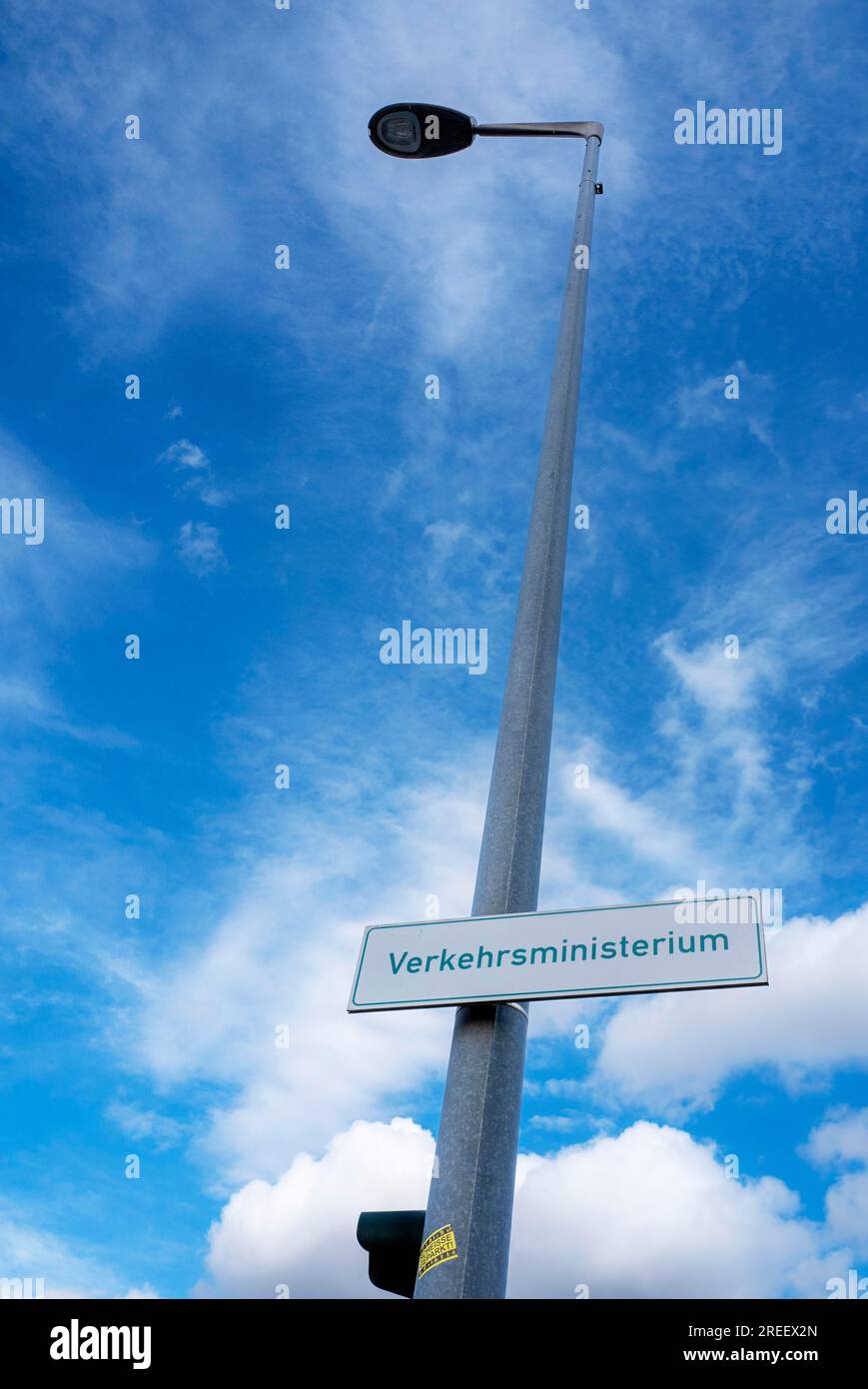 Lantern against a blue sky with sign Transport Ministry, Berlin ...