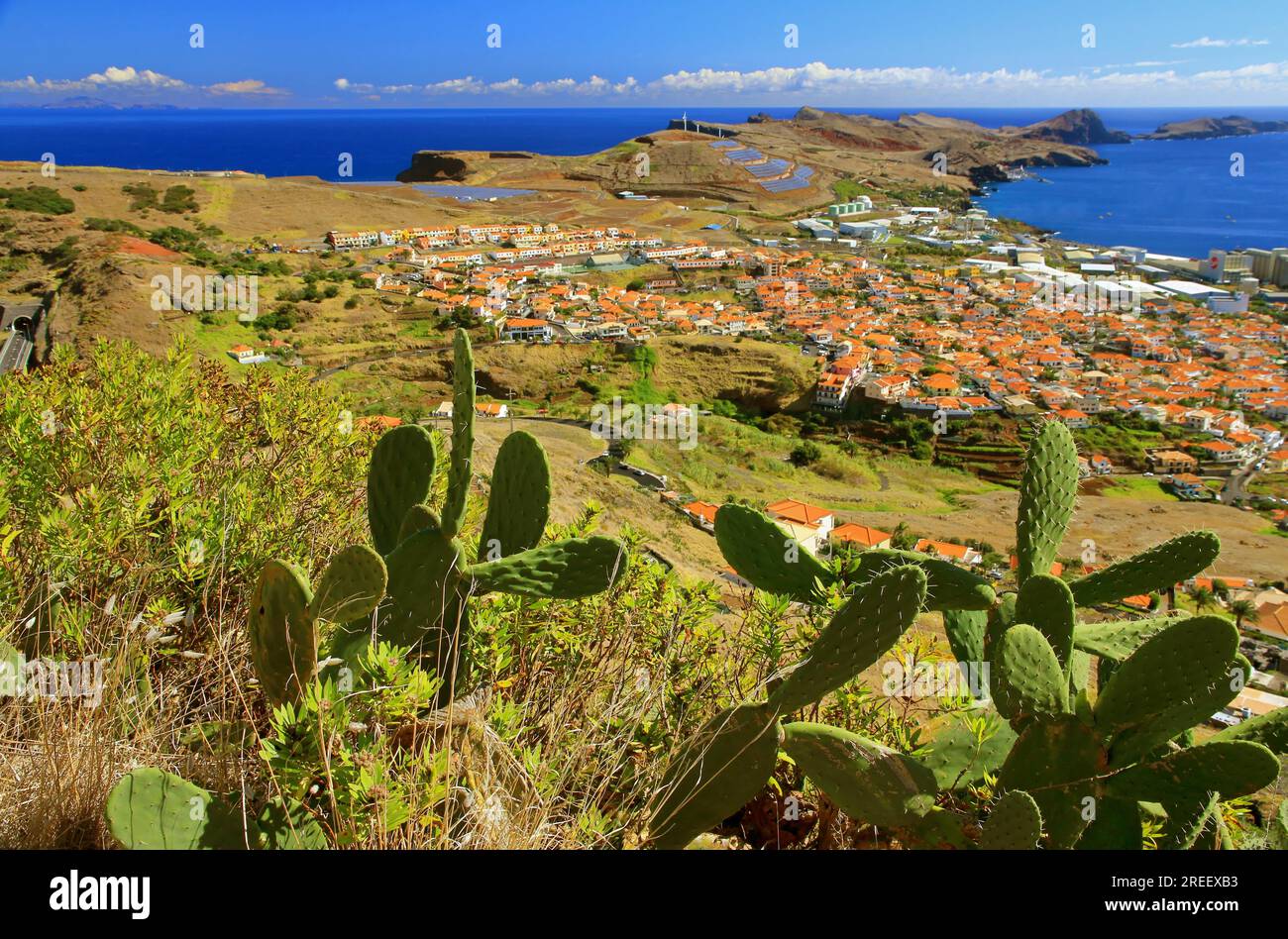 View of Canical village, cacti, east coast, Ponta de Sao Lourenco ...