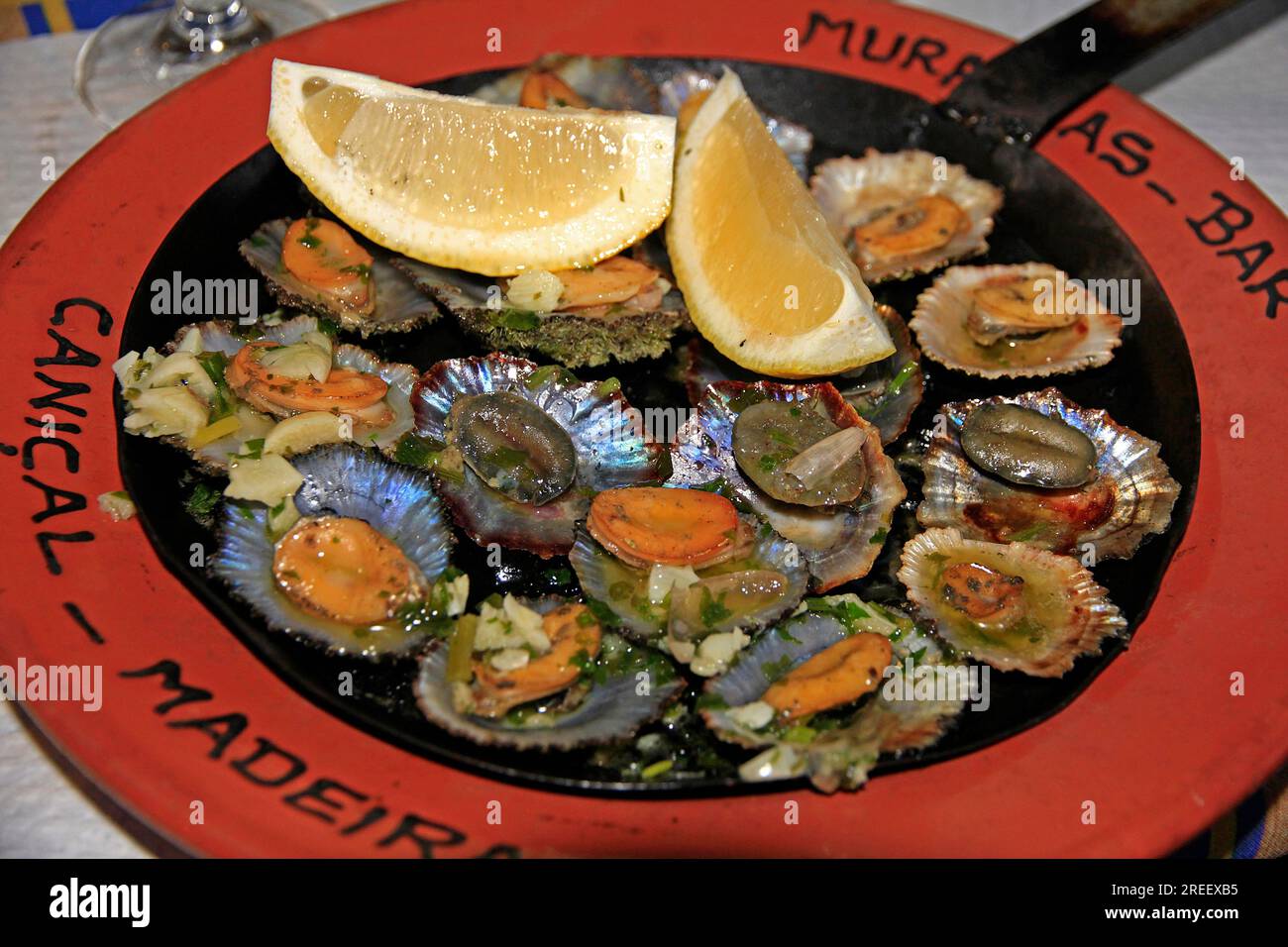 Mussels, limpets, lapas, Muralhas Bar restaurant, Canical town, Madeira ...