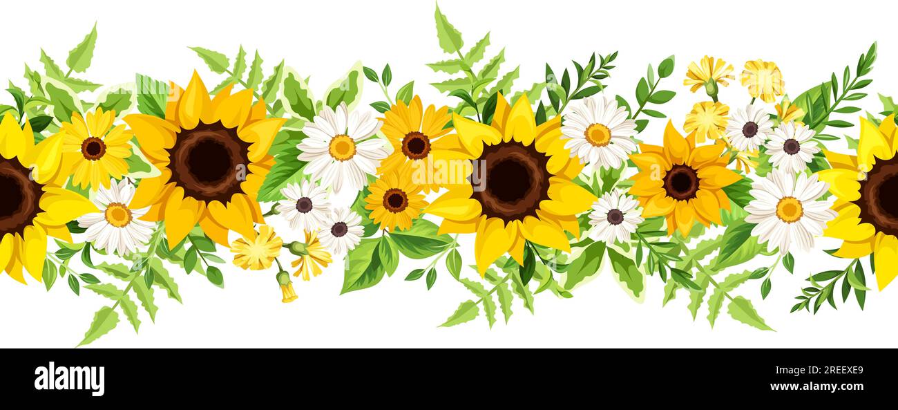 Floral seamless border with sunflowers, daisy flowers, and fern. Vector ...