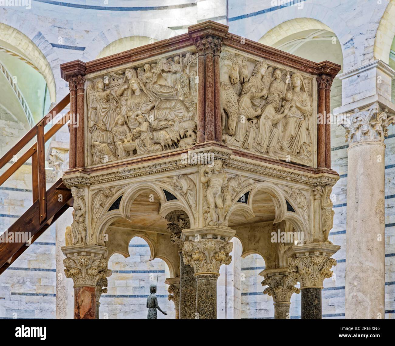 Detail of marble pulpit with Nativity of Jesus and Adoration of the ...